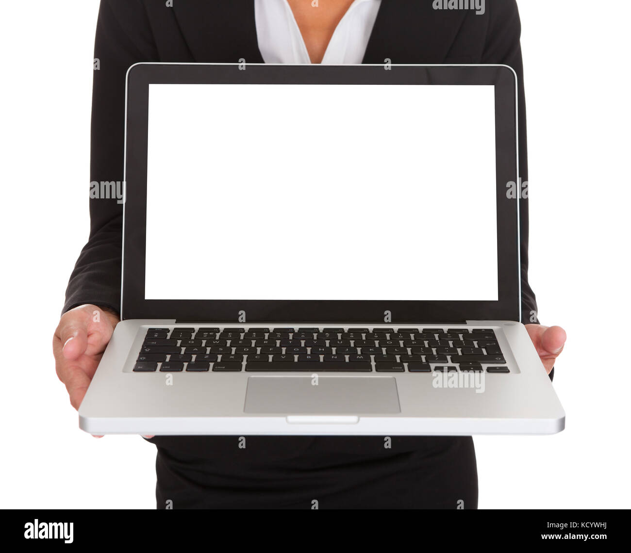 Happy Businesswoman Showing Laptop Over White Background Stock Photo ...