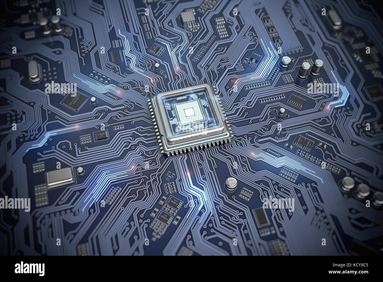 Circuit board with CPU. Motherboard system chip with glowing processor. Computer´s technology ...