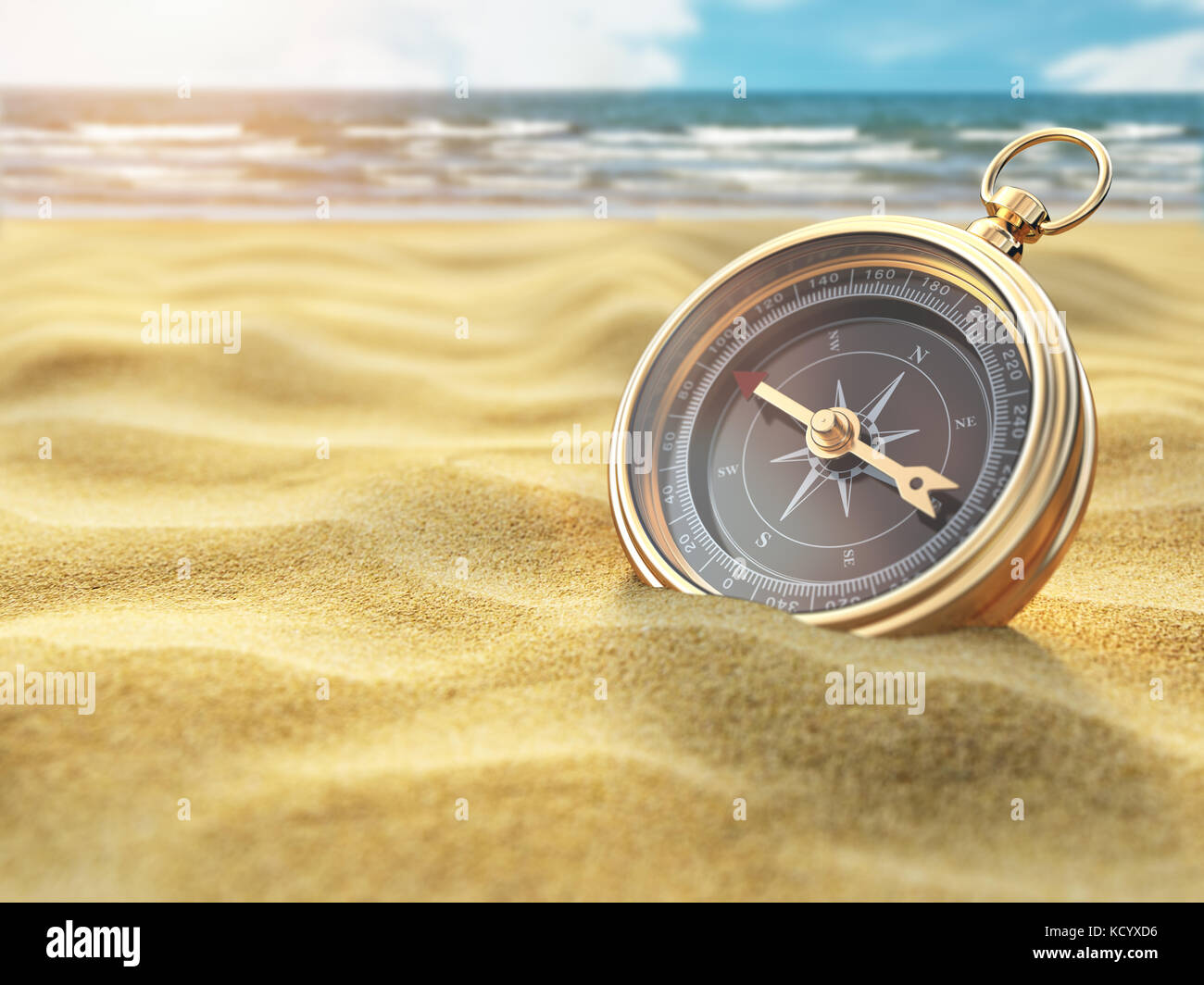 Compass on sea sand. Travel destination and navigation concept. 3d ...