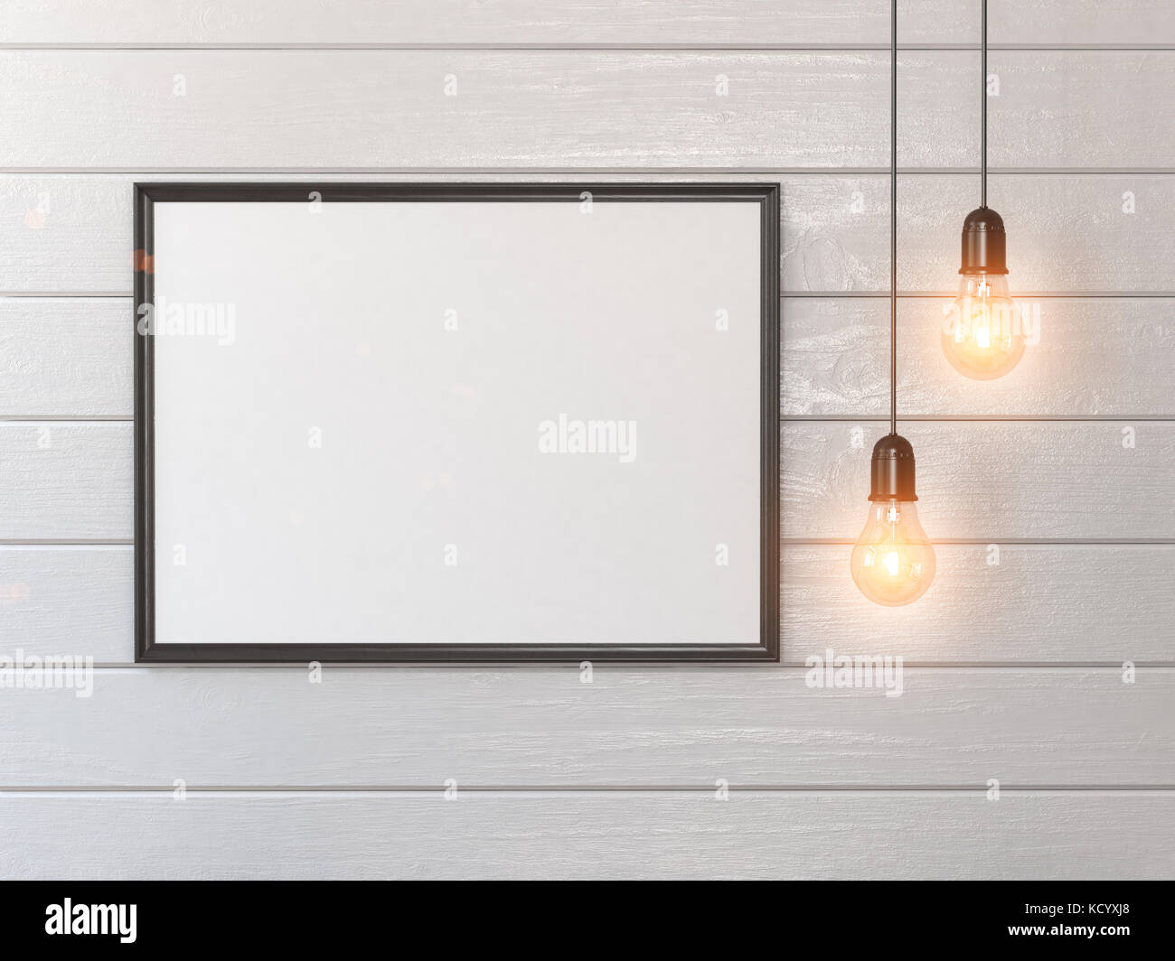 Mock up white blank poster or photo on wall and vintage light bulbs. 3d ...