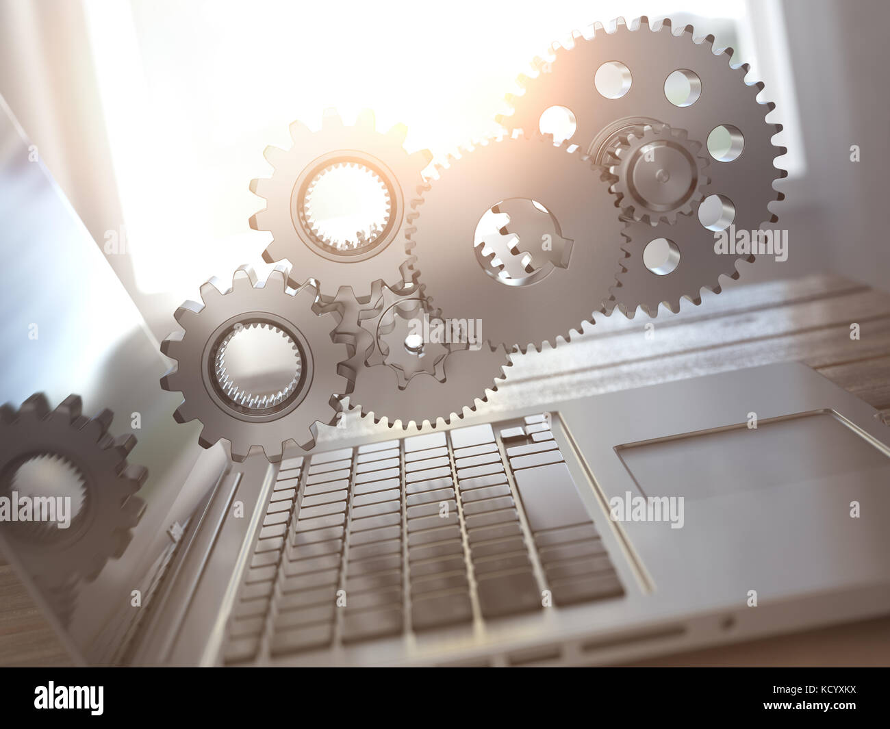 Laptop and gears. Computer technology, online support pc service ...