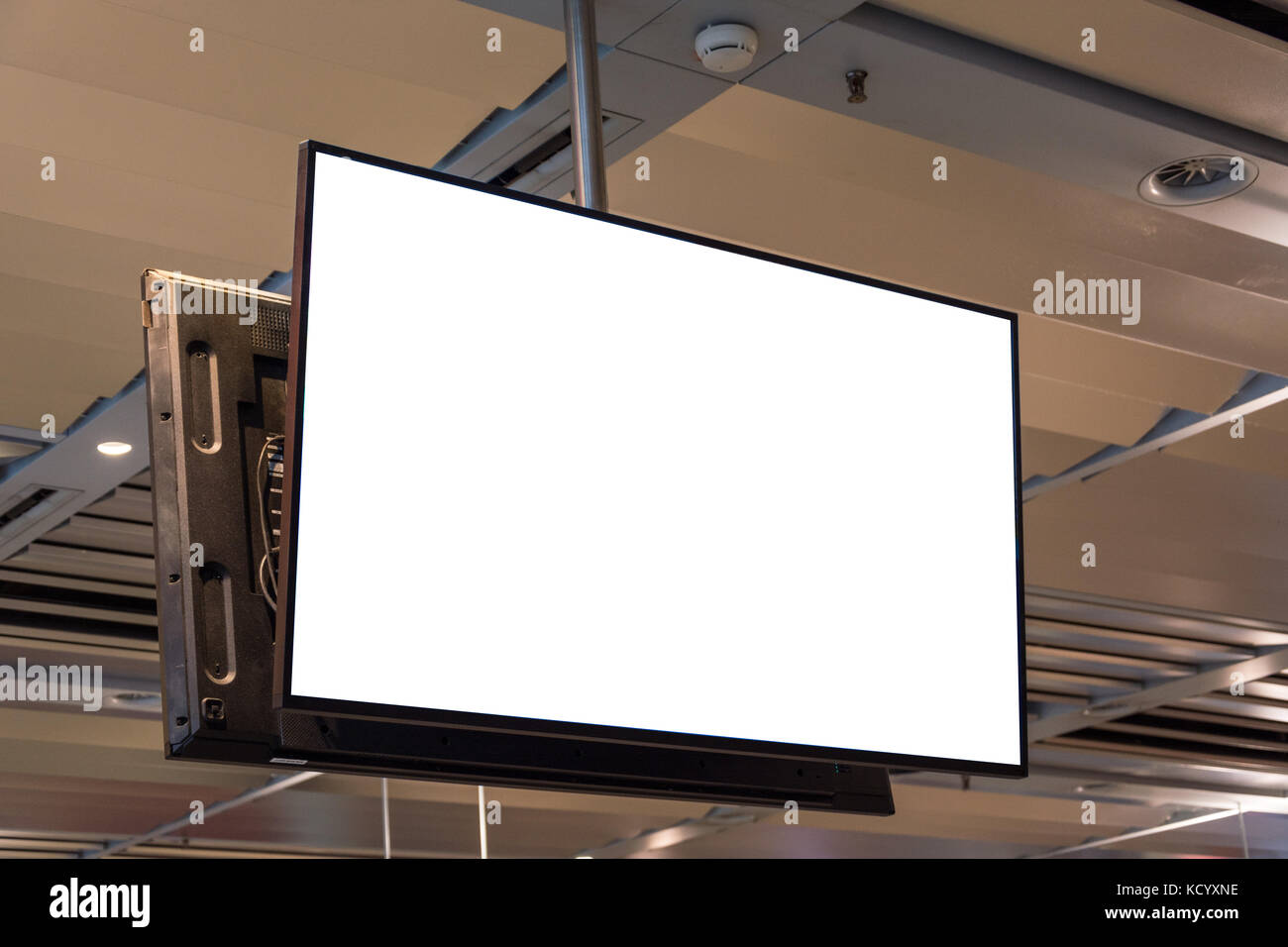 Blank ad space screen hanging from the ceiling close up Stock Photo - Alamy