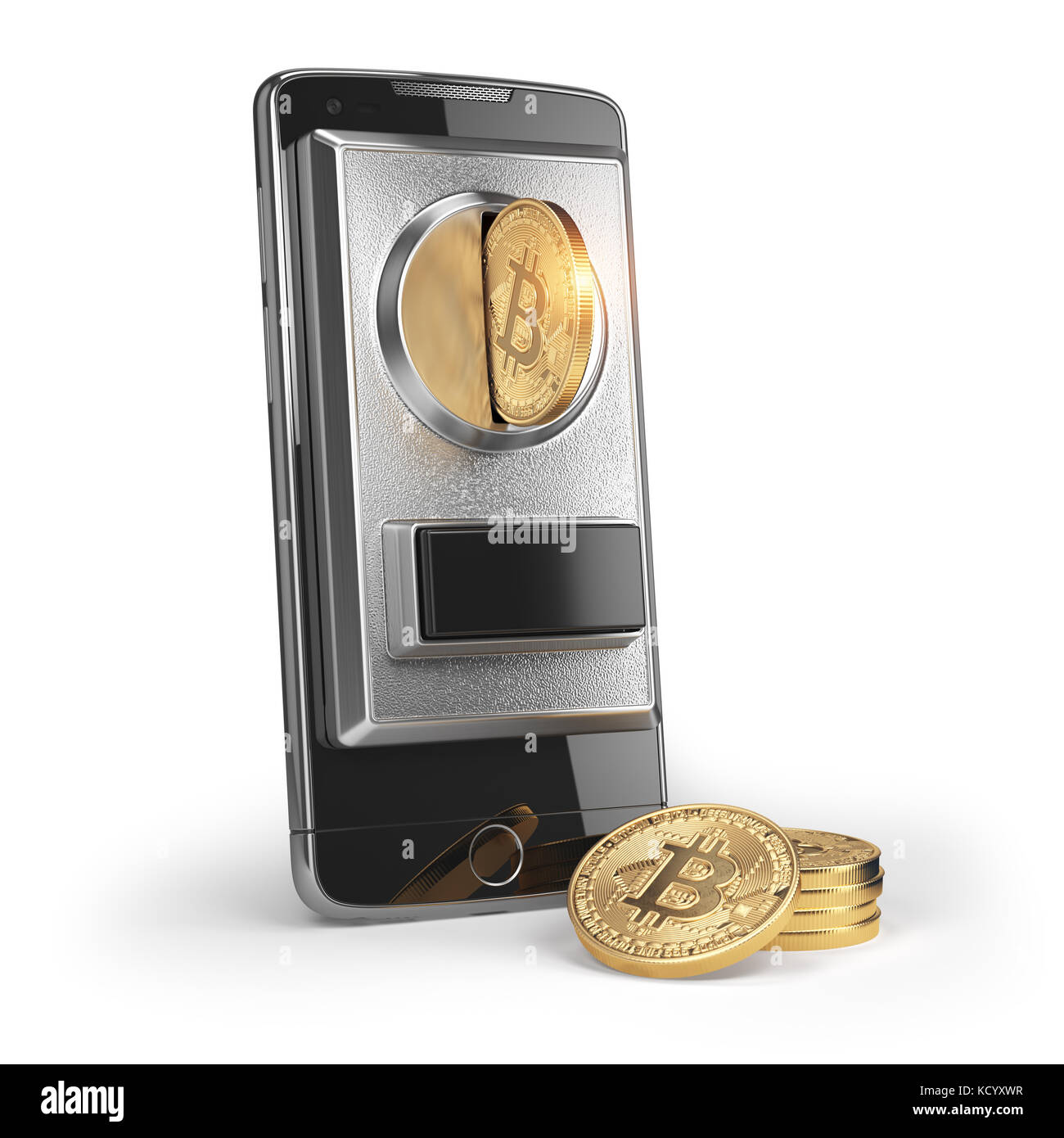BItcoin coin and mobile phone isolated on white. Pay by bitcoin concept ...