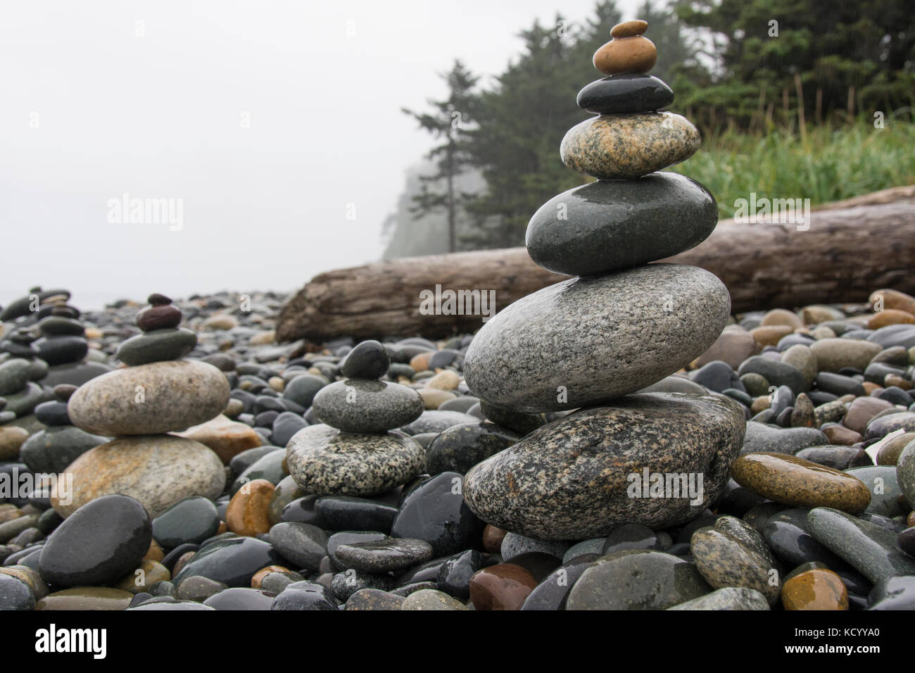 Rocks stacked, Agate Beach, Haida Gwaii, formerly known as Queen ...