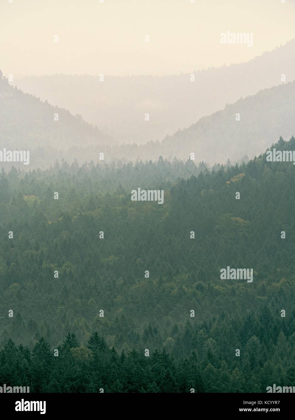 Cold and damp morning in autumn nature. Outlines of forest hills hidden ...