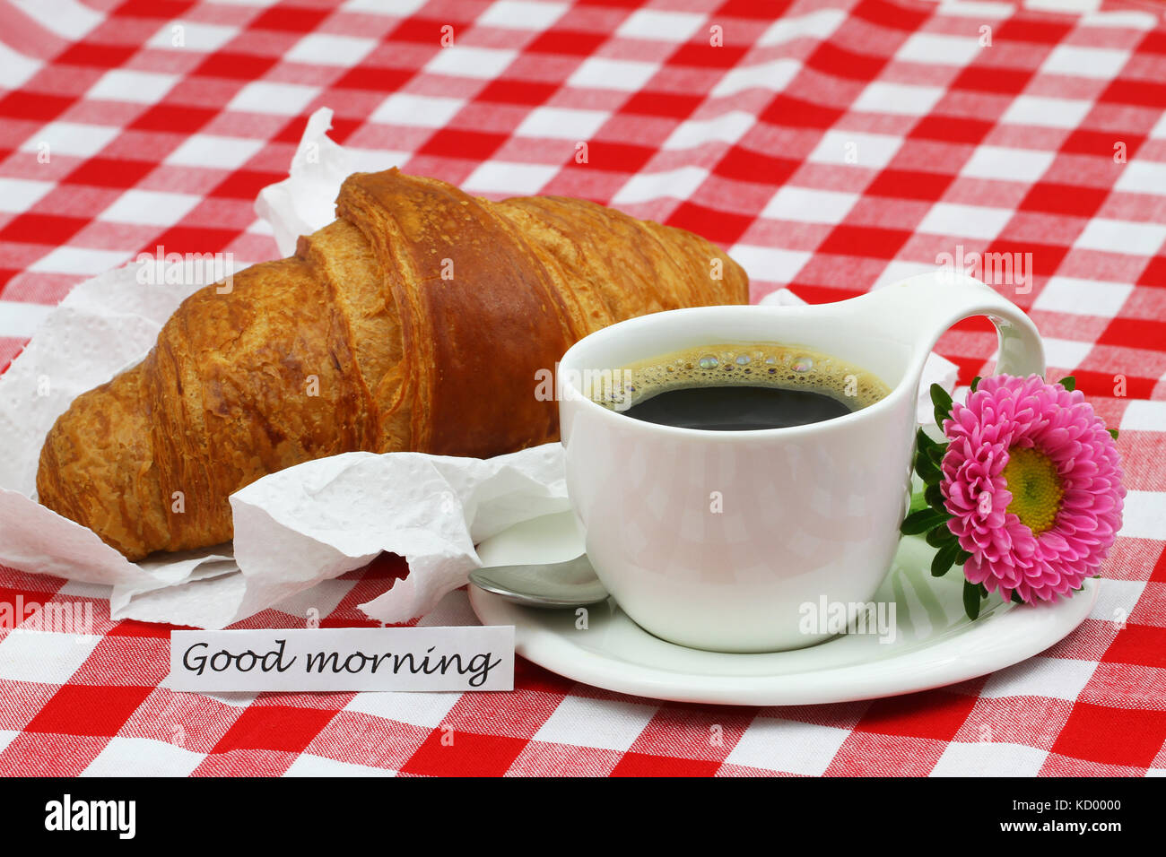 Good morning card with cup of black coffee and French croissant Stock ...