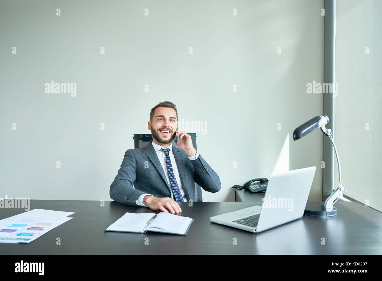 Portrait of successful business owner sitting at big desk in modern ...
