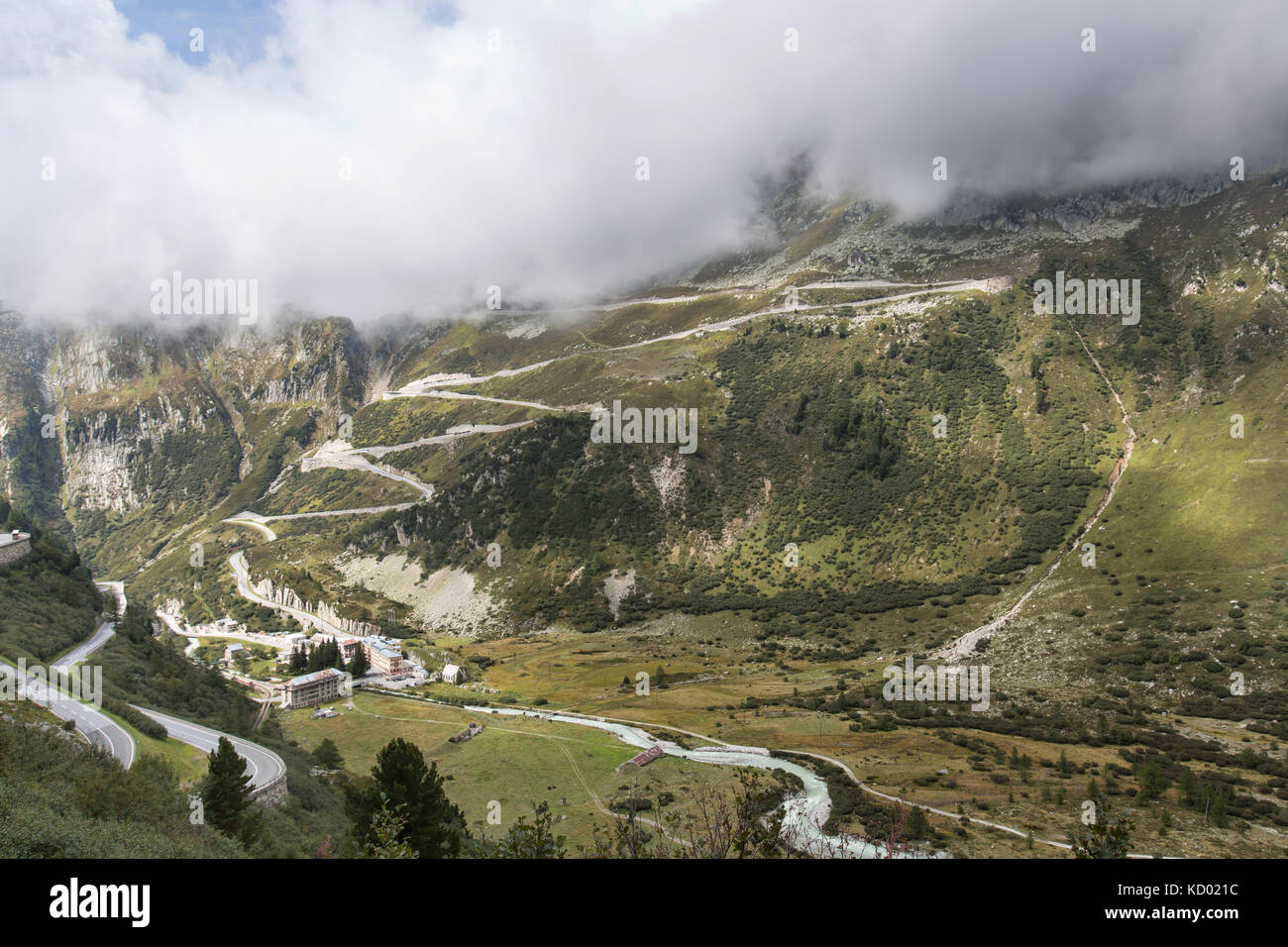 Grimsel Pass, Switzerland. The Grimsel Pass with Gletsch, and the Hotel ...