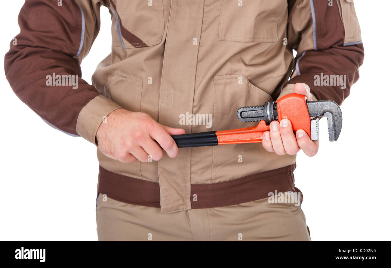 Male Plumber Holding Wrench And Toolkit On White Background Stock Photo ...
