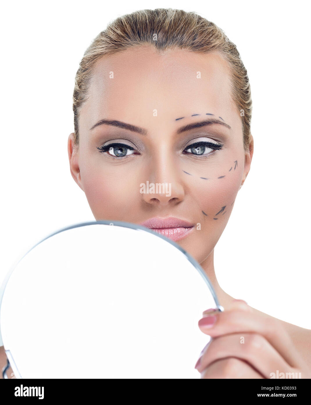 Cosmetic correction surgery, woman before plastic surgery looking in ...