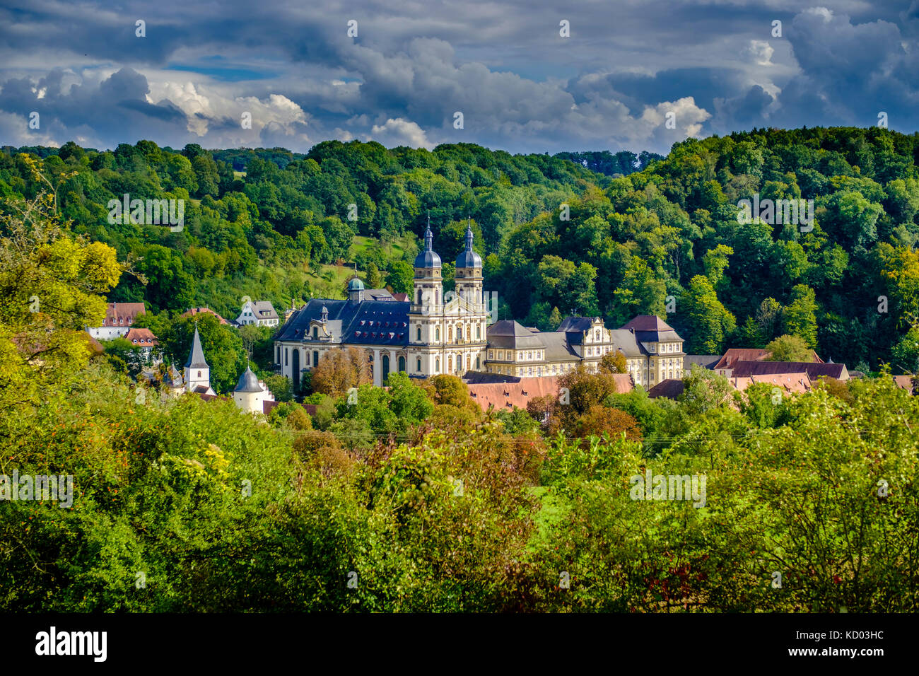 Aerial view on the old monastery, located in a valley, surrounded by ...