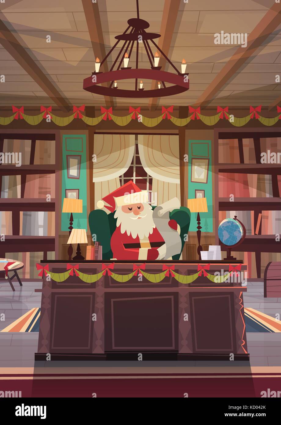 Santa Claus Reading Wish List Sitting At Desk In Christmas And New Year ...