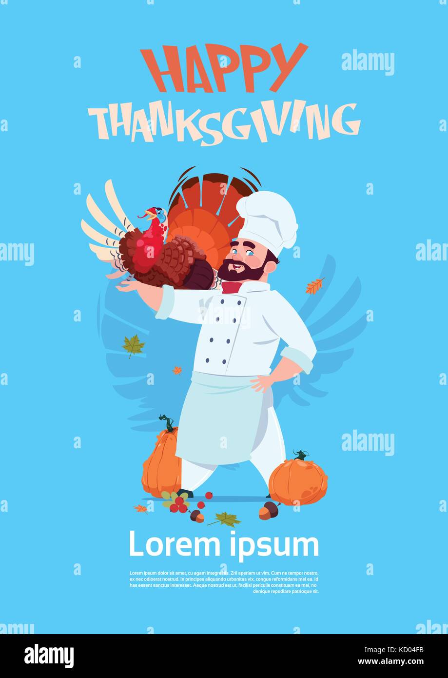 Happy Thanksgiving Day Male Chef Cook Holding Turkey Restaurant Autumn ...