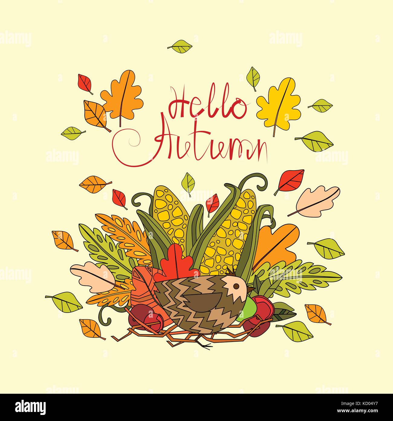 Hello Autumn Season Banner With Hand Draw Lettering Fall Greeting Card ...