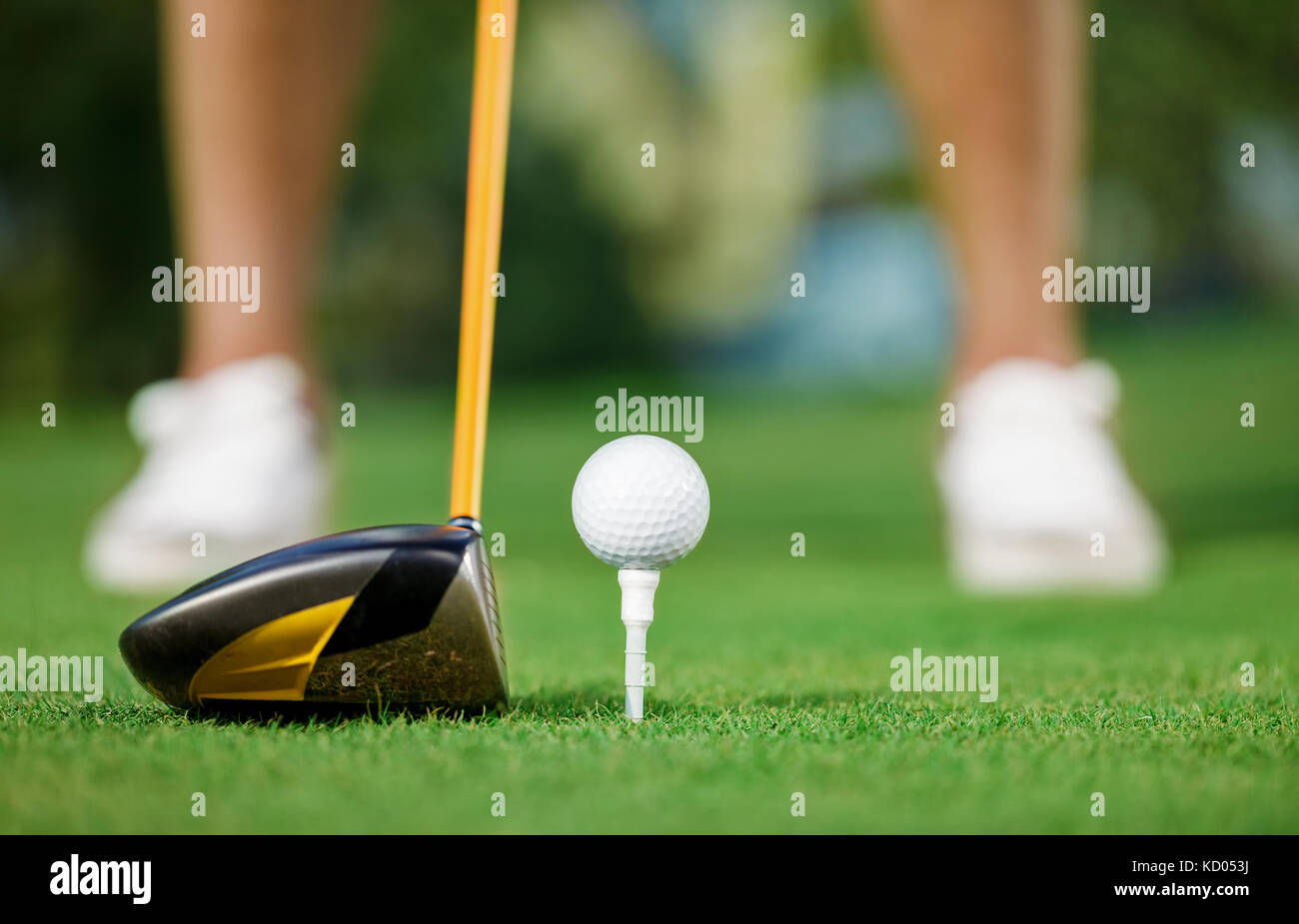 Golf ball and stick with golfer legs in background Stock Photo - Alamy