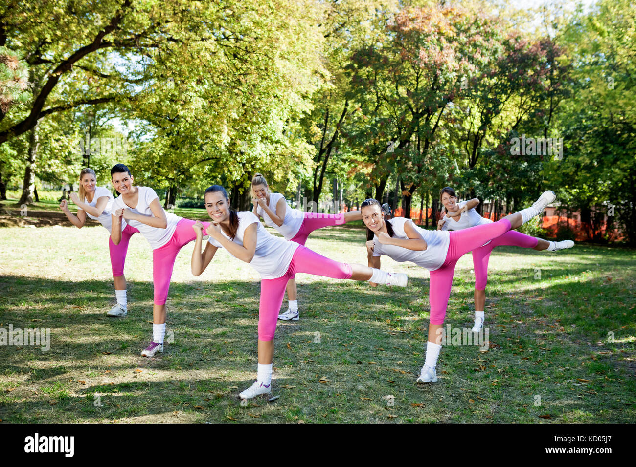Six young women fitness exercising, kicking Stock Photo - Alamy