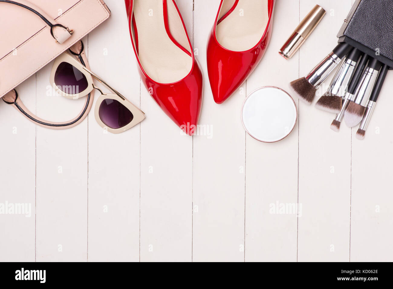 Top view of cosmetics and female accessories. Woman Essentials Stock ...