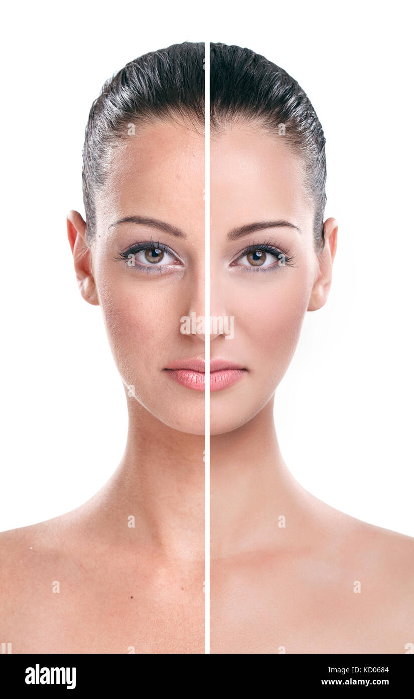Close-up of a woman face divided in two parts - bad retouch and good ...