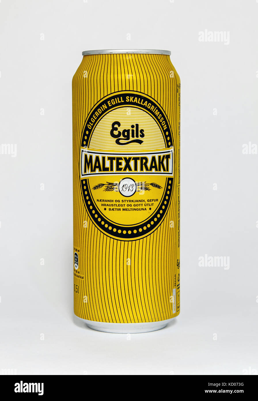 Can of Malkextrakt stands against white background Stock Photo - Alamy