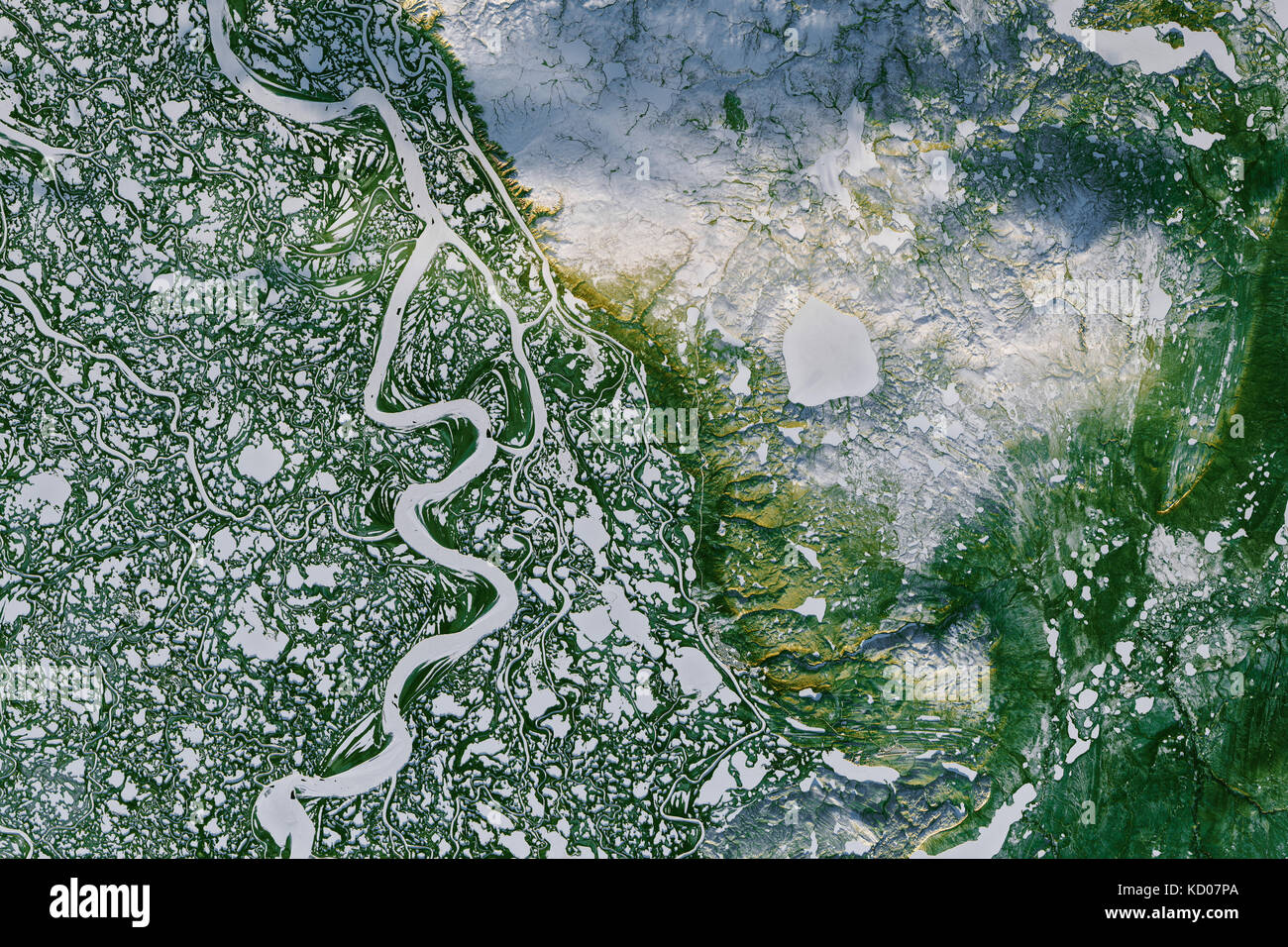 Satellite image of the Mackenzie River delta, Canada, and forzen ...