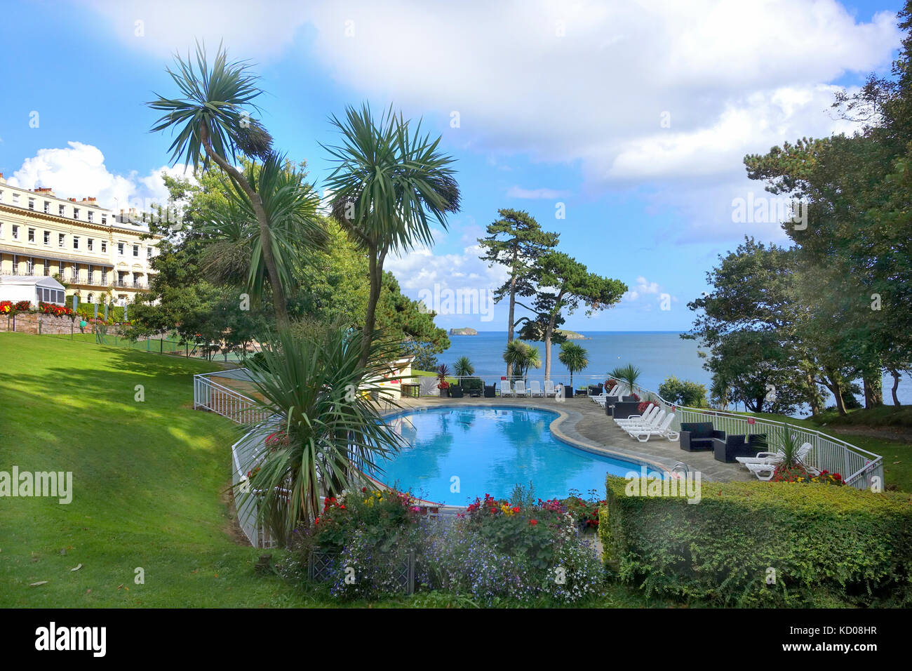 The Osborne Hotel, Torquay overlooking the swimming pool and Tor bay. A ...