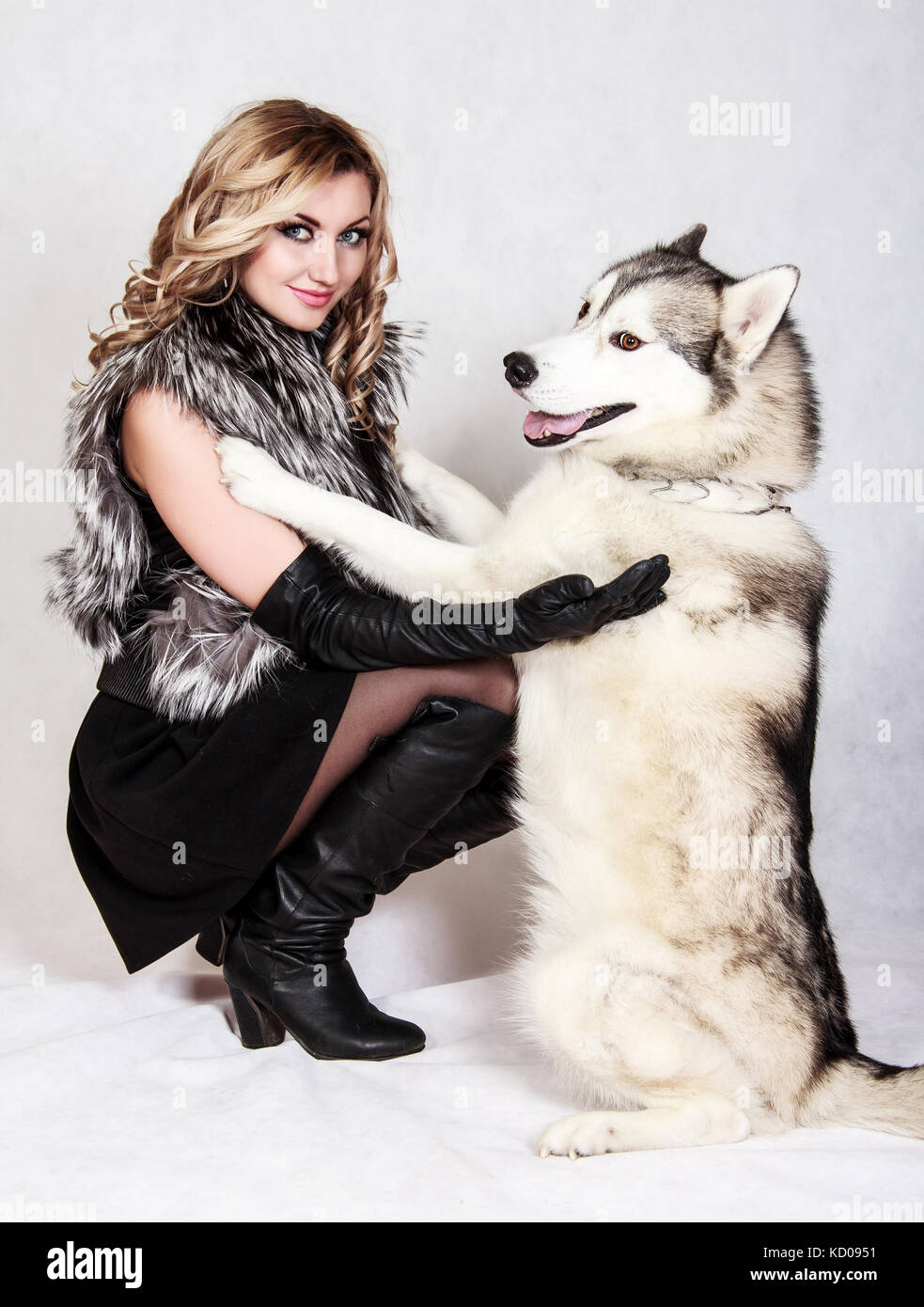 Beautiful young woman with a husky dog over grey background Stock Photo ...