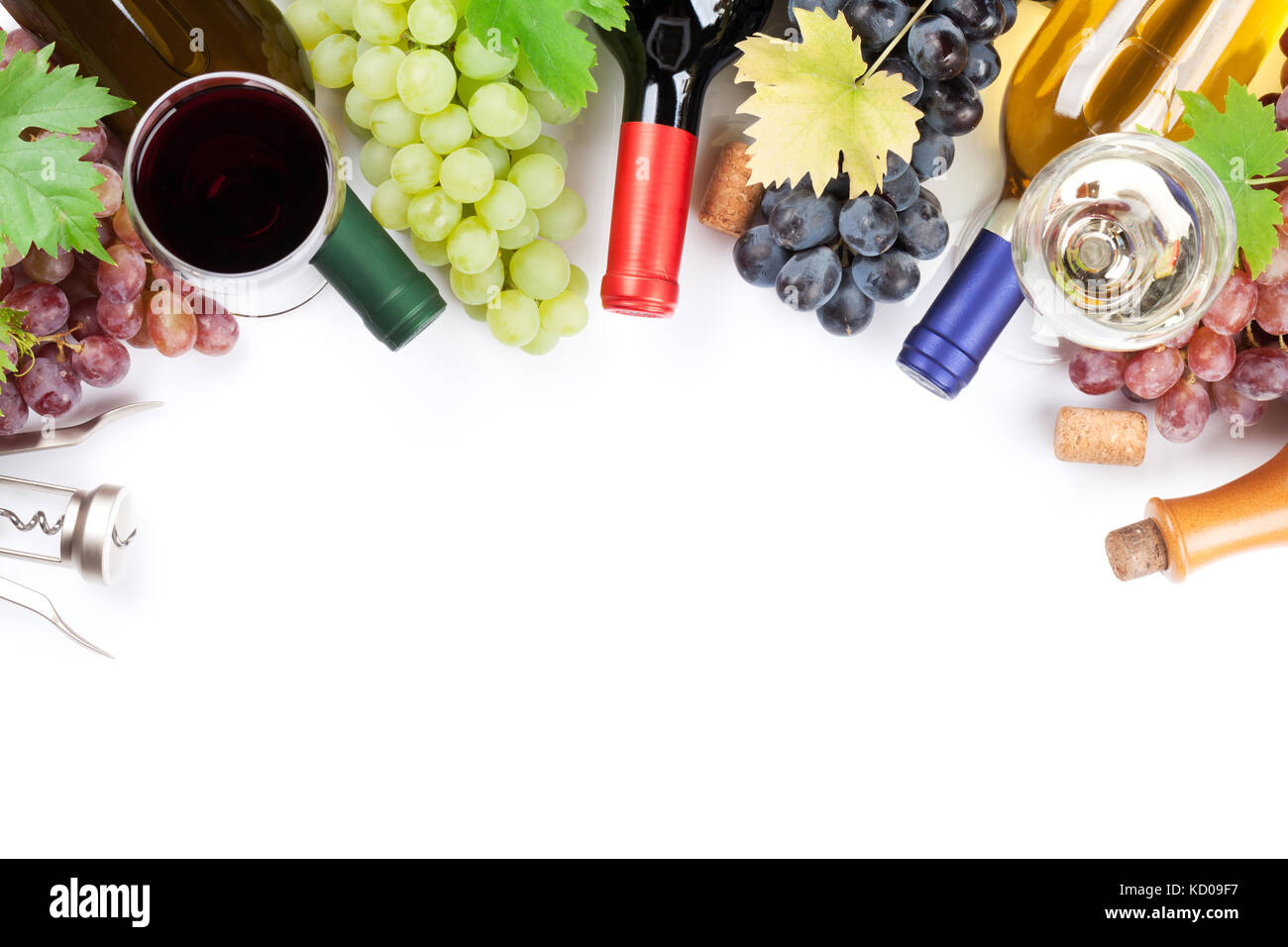 Wine and grapes. Isolated on white background. Top view with space for ...
