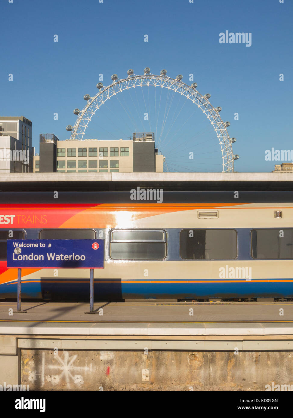 Welcome to Waterloo, South West Trains and the London Eye Stock Photo ...