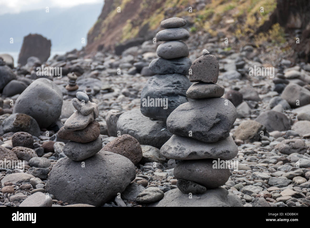 Zen style balanced stones on Ribeira da Janela beach, Madeira island ...