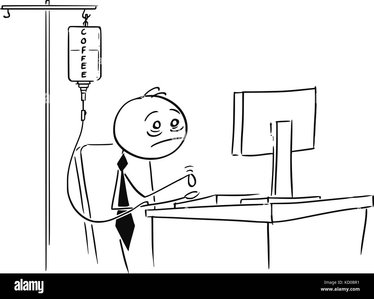 Cartoon stick man illustration of tired overworked businessman working ...