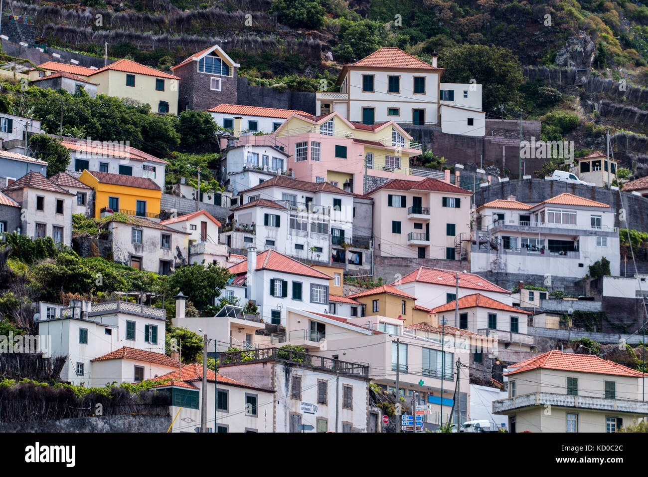 Landscape view of the Porto Moniz village coastal mountains Stock Photo ...