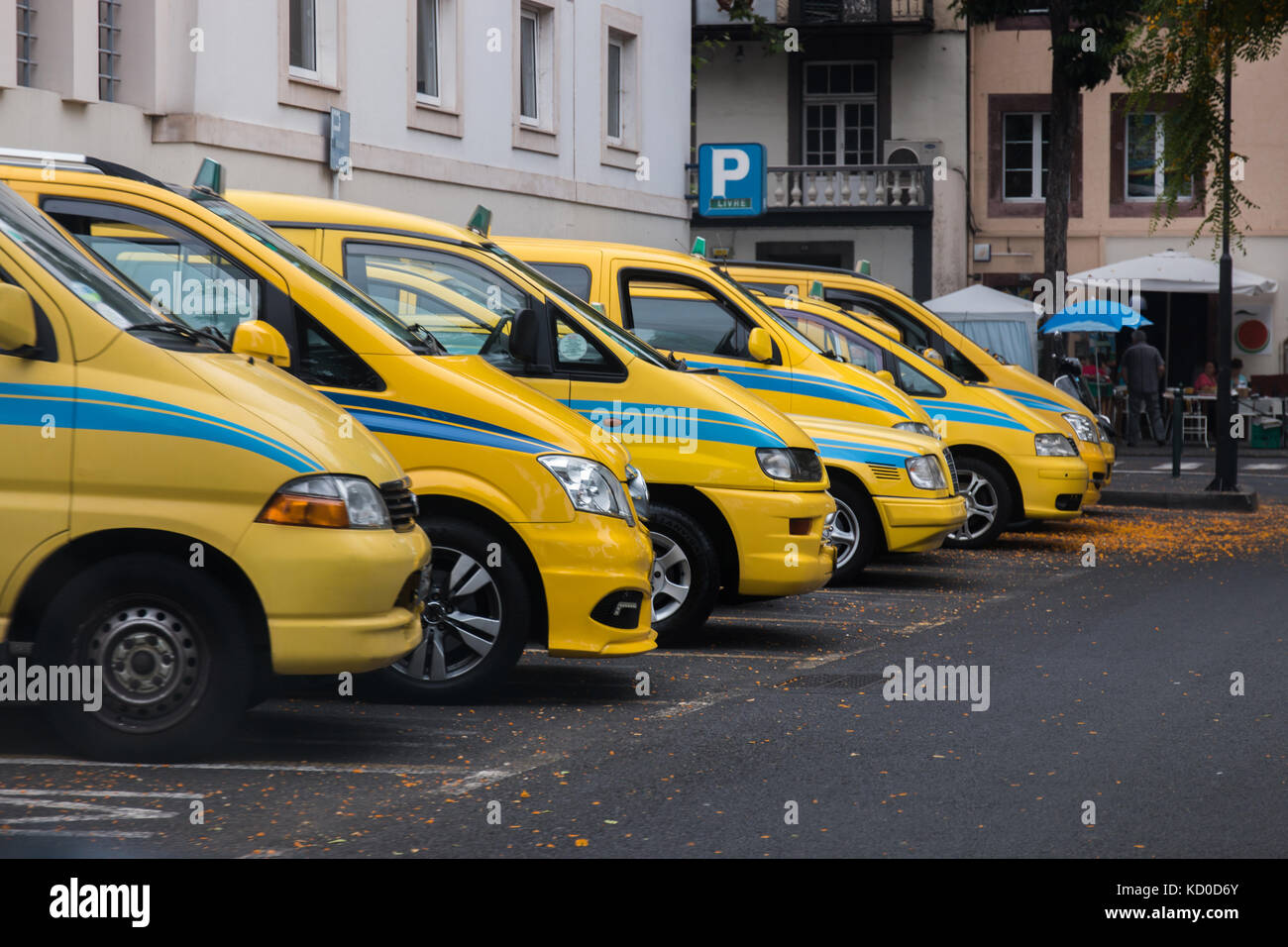 Row of Yellow taxis in Madeira island Stock Photo - Alamy