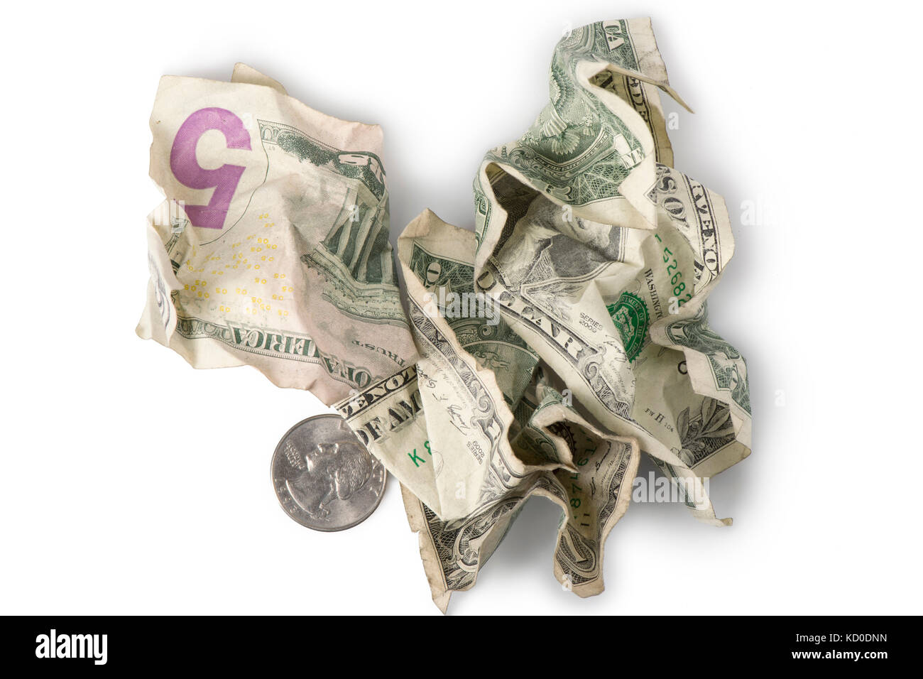 Wrinkled and crumpled dollar bills and a quarter adding up to $7.25 ...