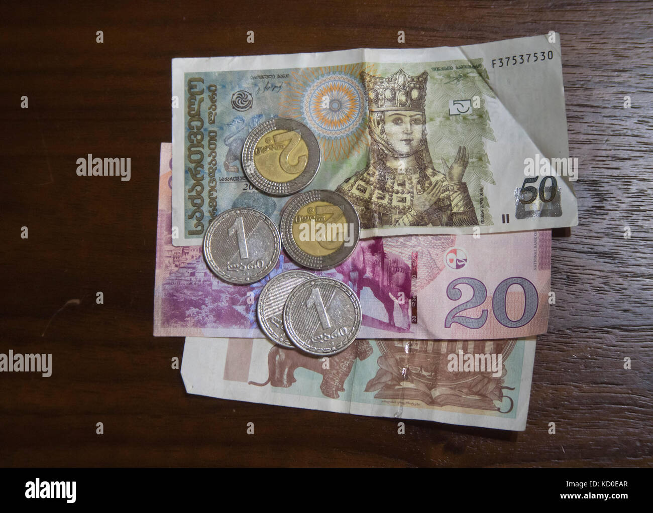 Georgian Lari Banknotes And Coins On Tabletop Stock Photo Alamy