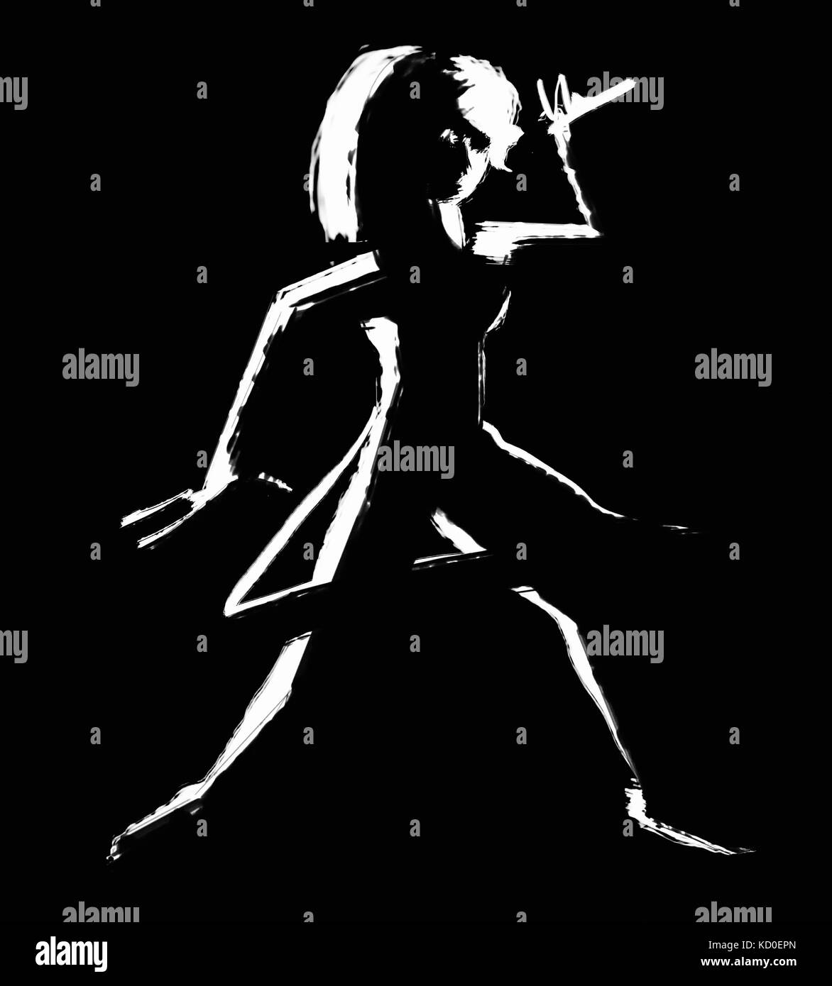 black and white illustration of a singing young woman in black back ...