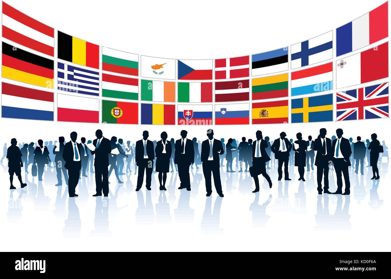 Crowd of businesspeople is standing in front of national flags of ...