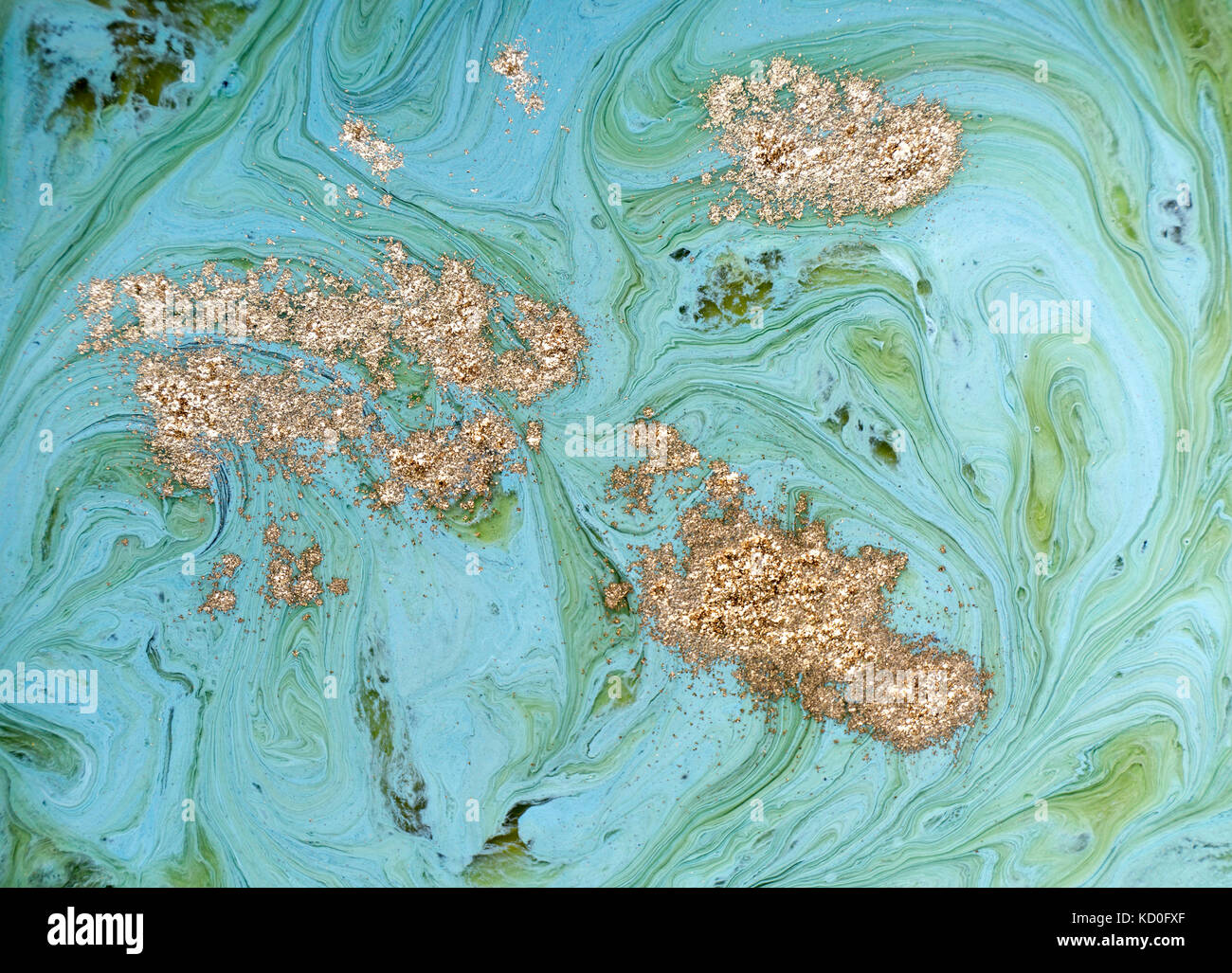 Marbled green abstract background with golden sequins. Liquid marble ...