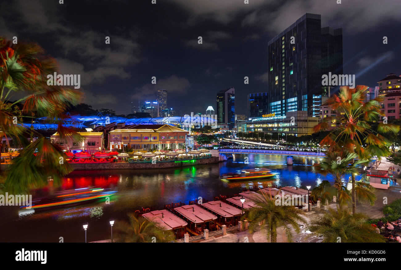 Singapore river and waterfront at night, Singapore, South East Asia ...