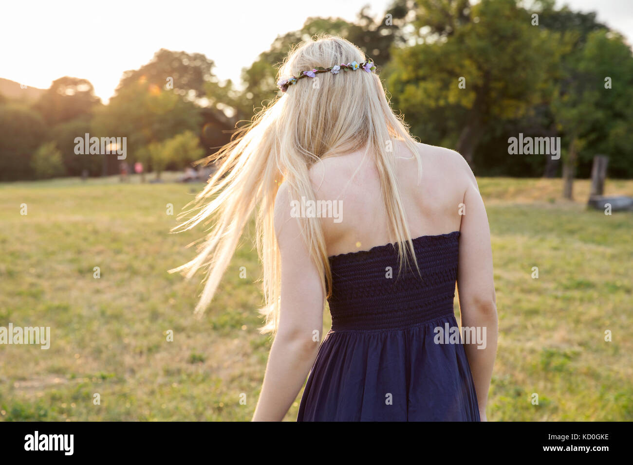 Rear view of woman in field wearing strapless dress Stock Photo - Alamy