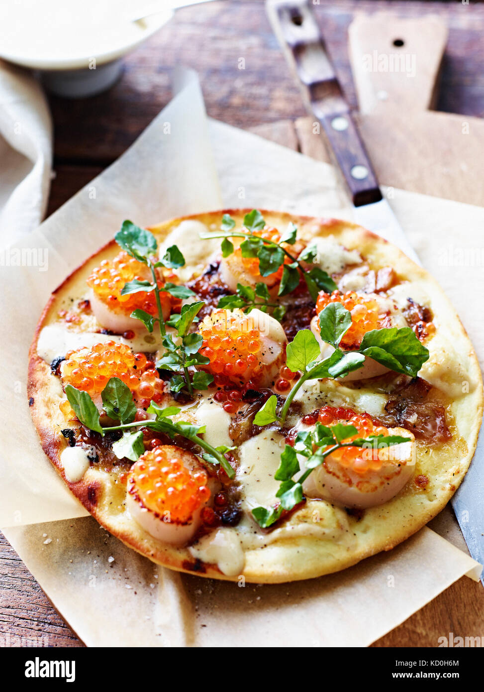 Scallop foie gras pizza, close-up Stock Photo - Alamy