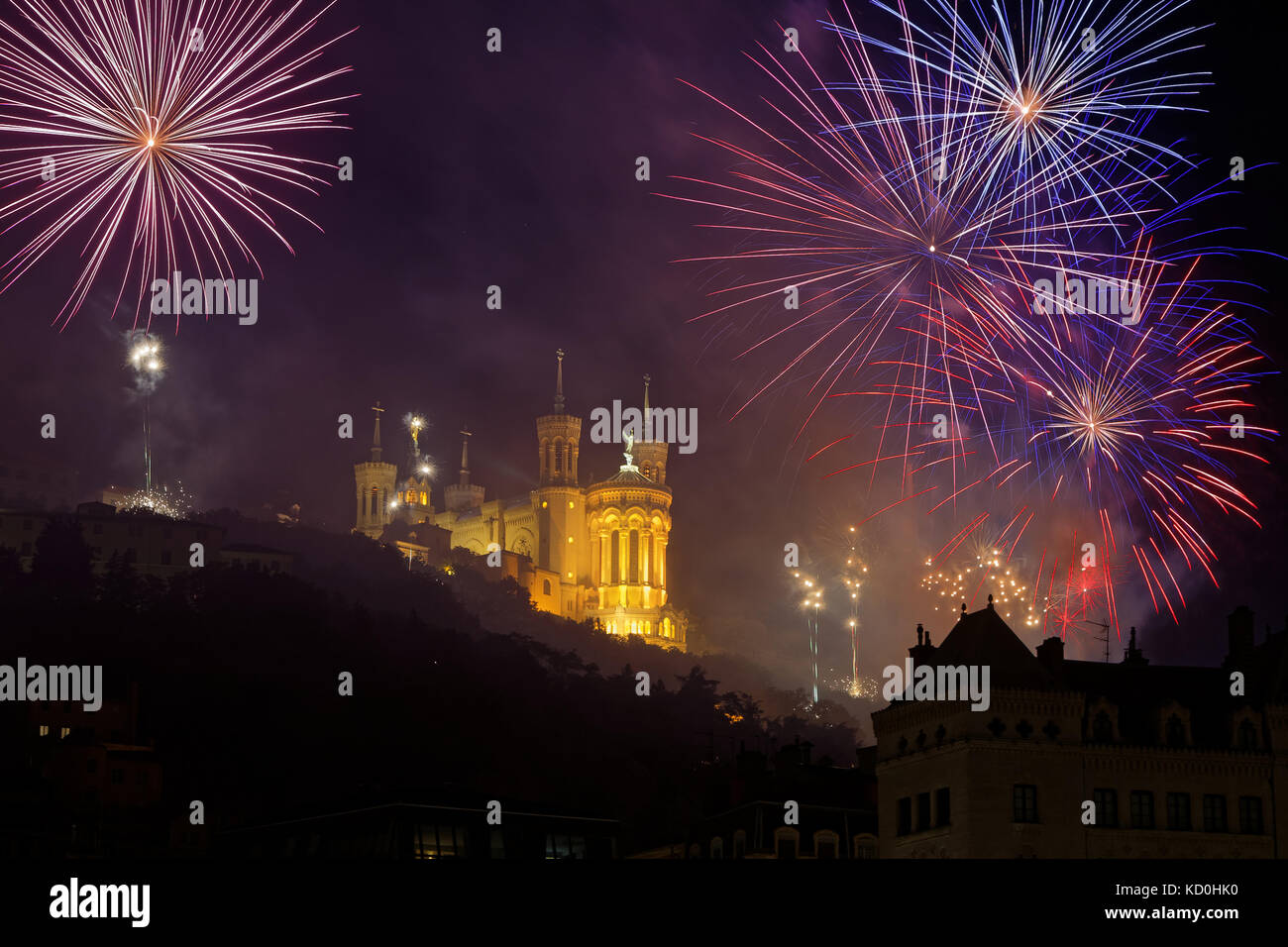 Fireworks on the hill of Fourviere in Lyon city center for the french ...