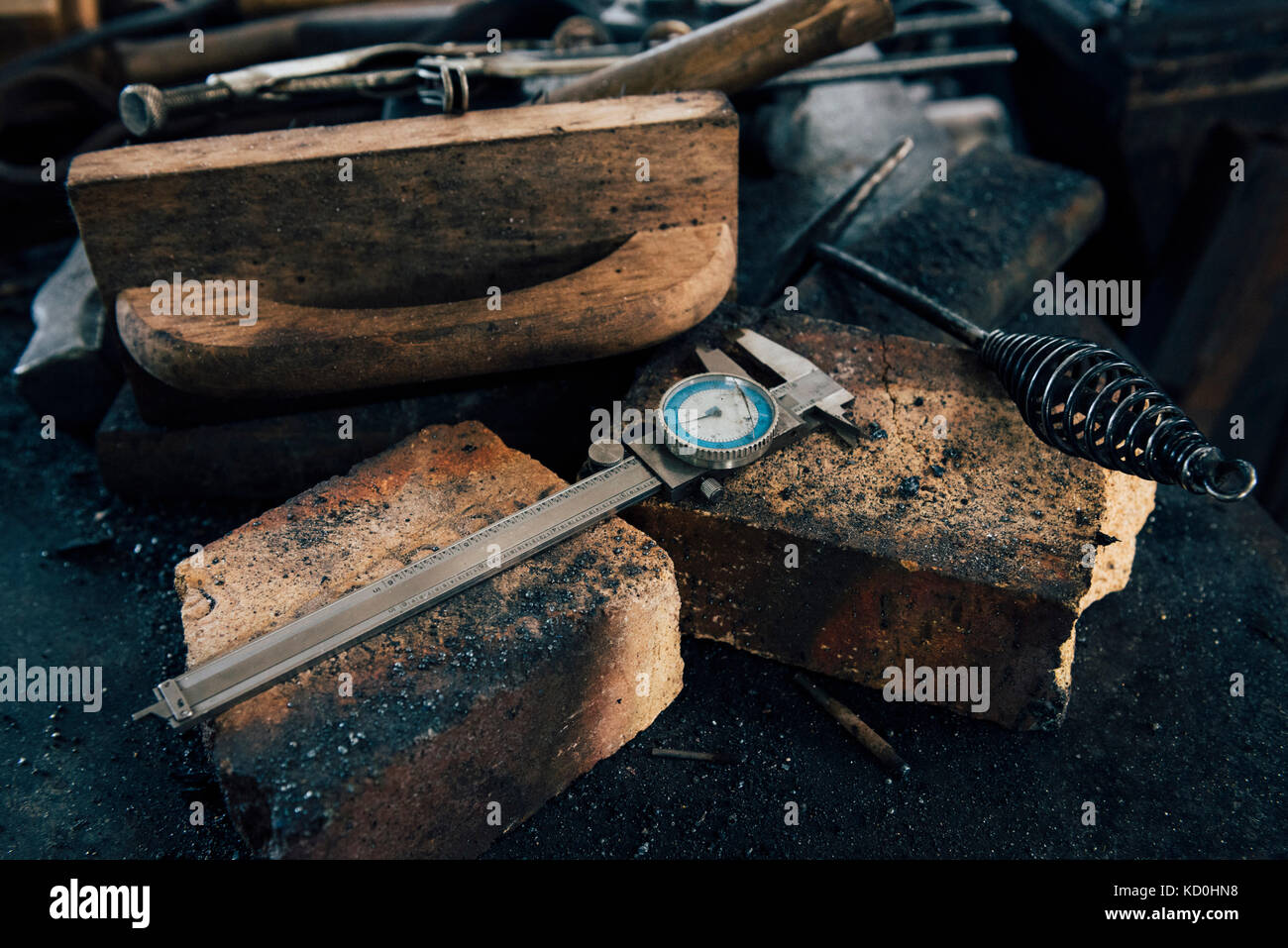 Blacksmith tools on workshop bench Stock Photo - Alamy