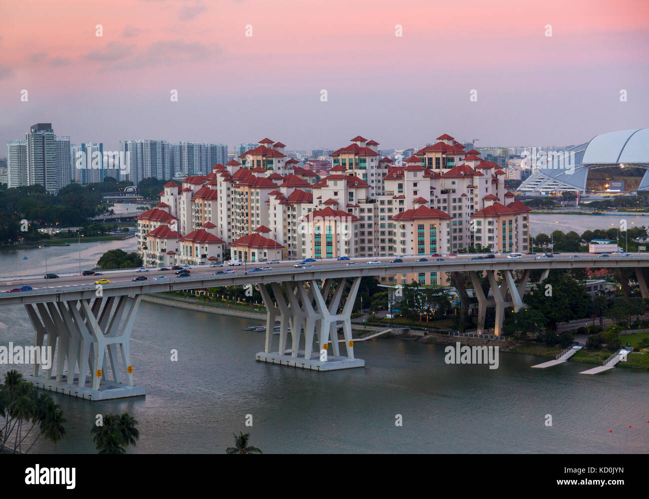 Elevated cityscape with highway bridge and apartment developments at ...
