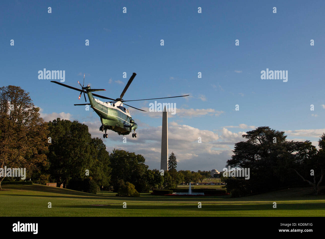 Marine One, with US President Donald J. Trump aboard, lifts off the ...