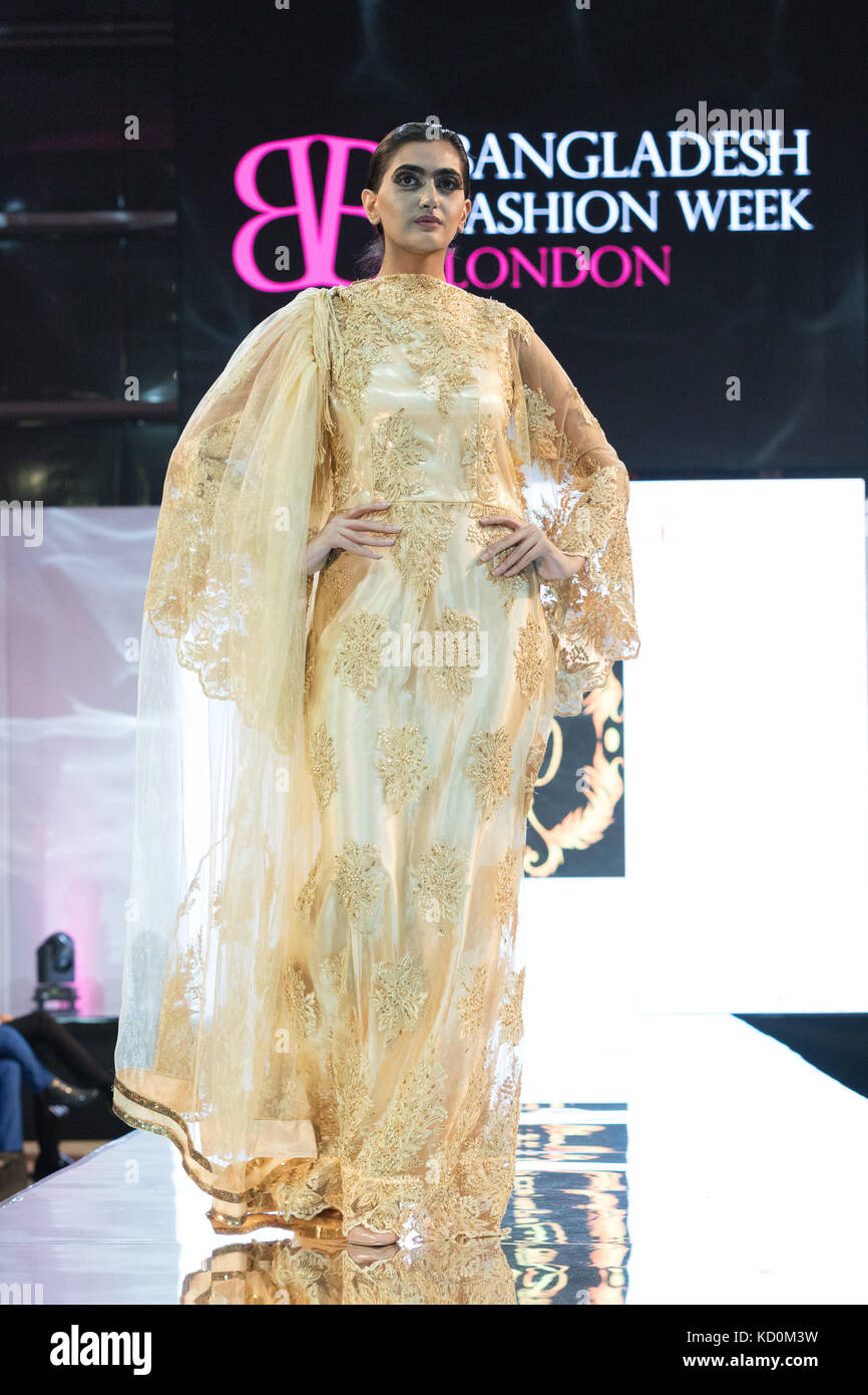 London, UK. 7th October 2017. A model presents a look by Farida Rashid ...