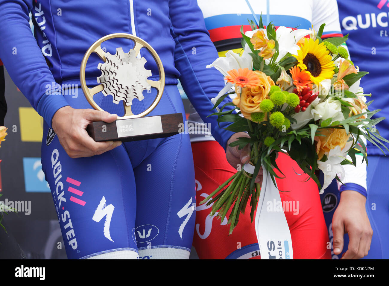 Tours, France. 08th Oct 2017. Matteo Trentin with his trophy at the ...