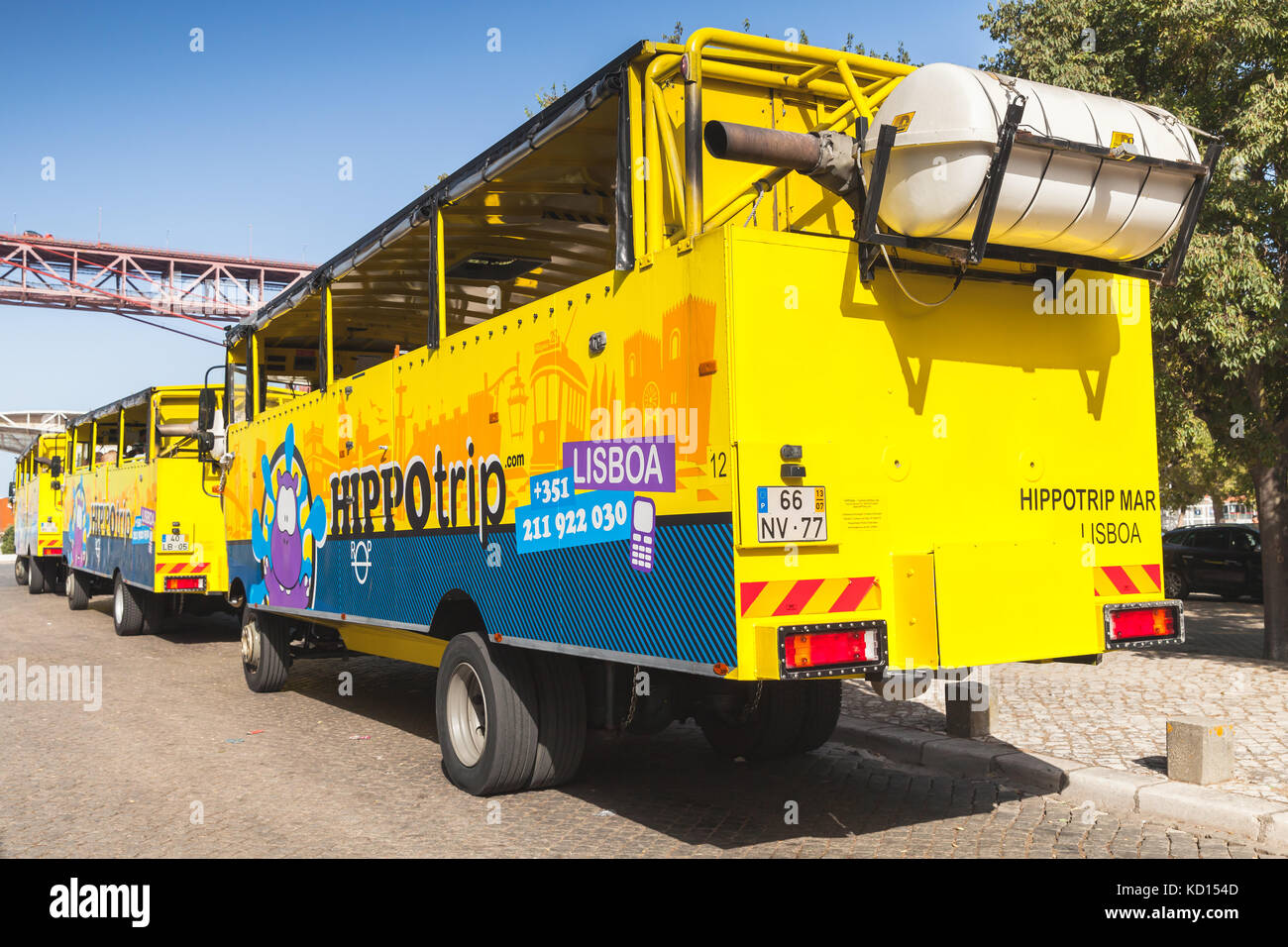 Lisbon, Portugal - August 15, 2017: Yellow blue amphibian bus operated ...