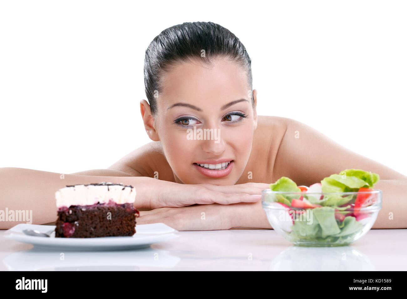 Dieting concept, beautiful young woman choosing between healthy food ...