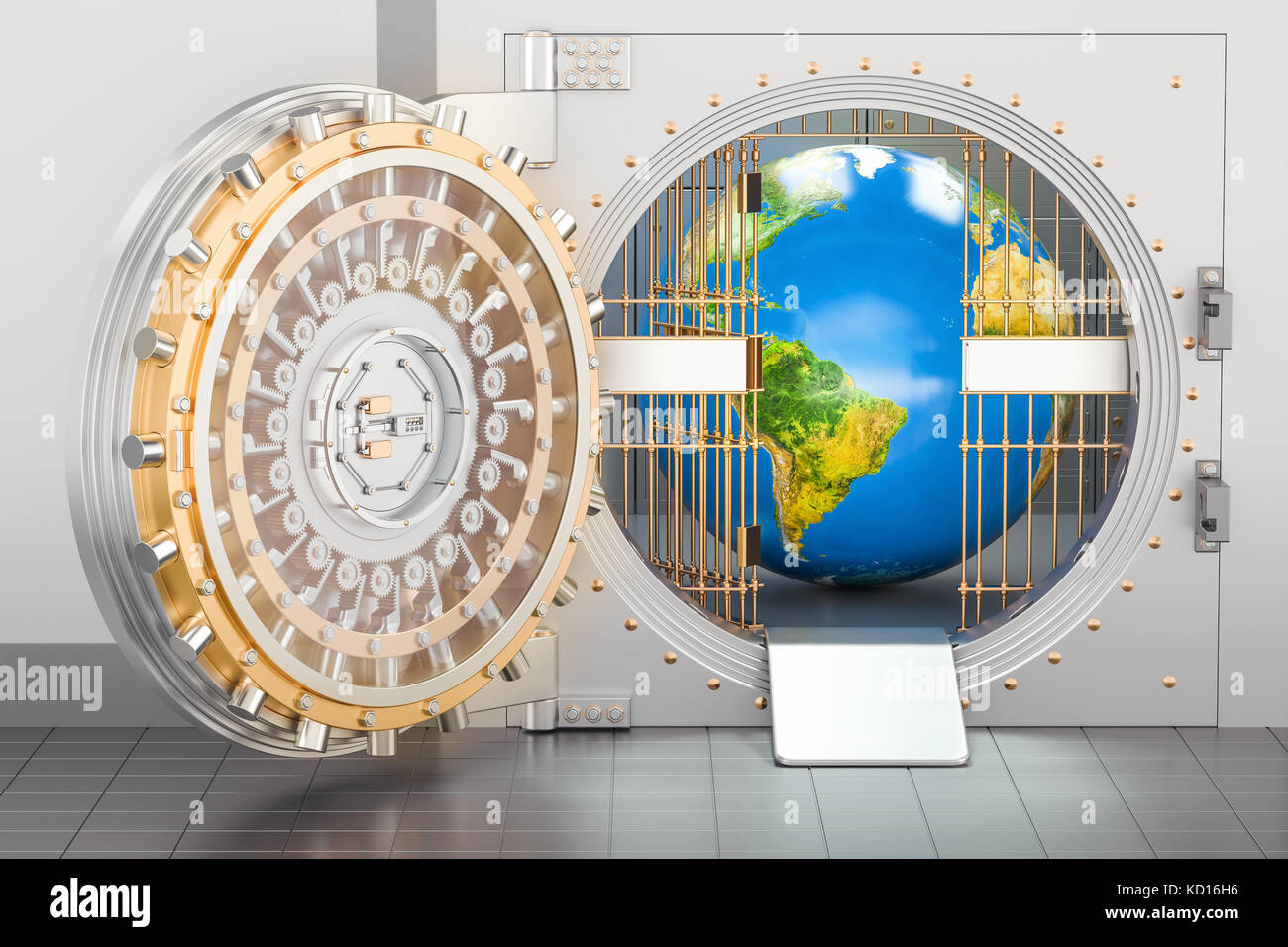 Earth Globe inside bank vault. Security and protection concept, 3D ...