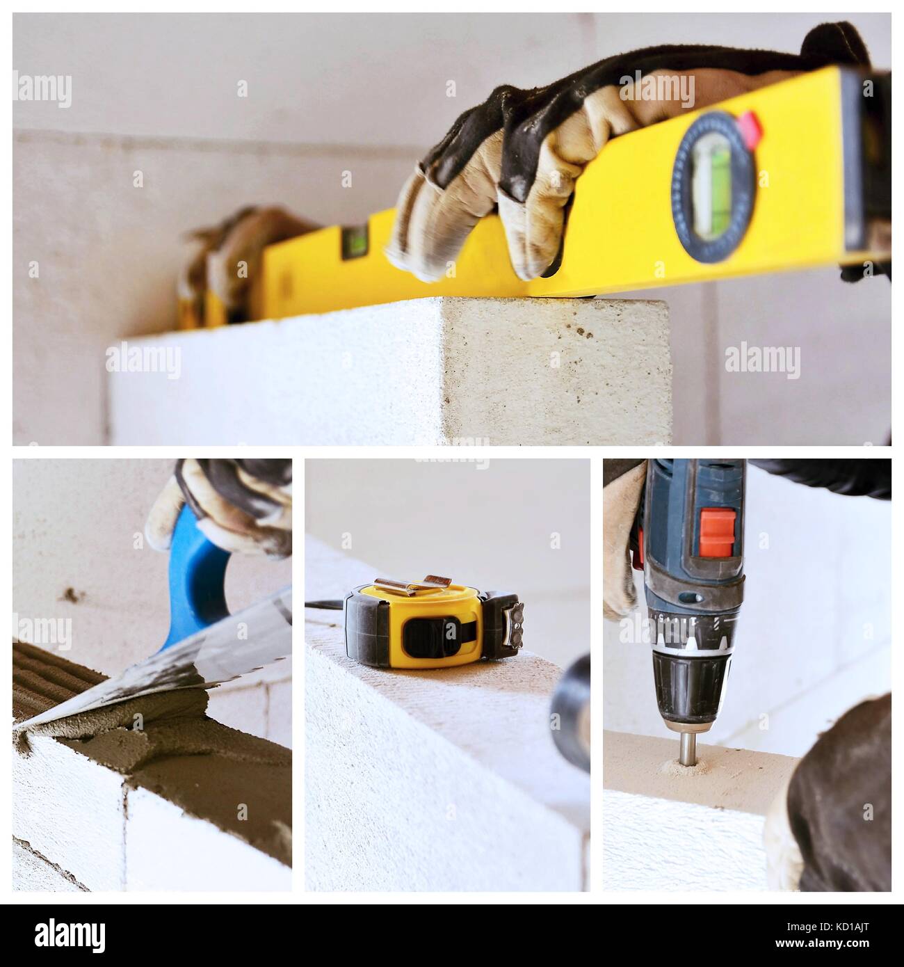 Photo collage with photos from house construction and working at ...